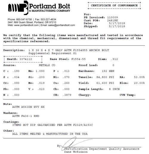 Certified Mill Test Reports - Portland Bolt